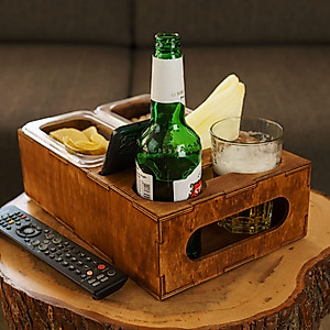 ROSTMARYGIFT Wood Beer Box - Gift for Beer Lovers, Dad, Man, Him, Father - Table Stand Caddy with slots for glasses, chips, nuts- Couch Organizer for Beverages, Remote Control