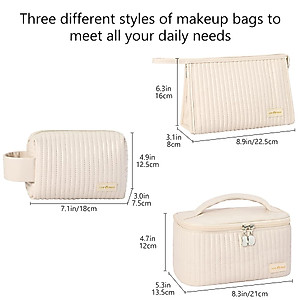 Linpr 3 Pcs Makeup Bag Set, Portable Waterproof PU Striped Leather Toiletry Bags, Cute Travel Cosmetic Organizer for Women and Girls (White)
