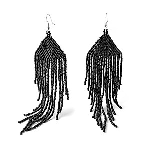 Handmade Beaded Tassel Earrings - Boho Drop Fringe Earrings for women, Native American Indian Earrings (Long Black)