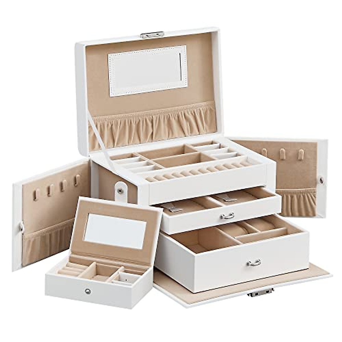 SONGMICS Jewelry Box 3 Layers, Jewelry Organizer with 2 Drawers, Jewelry Case with Portable Travel Case, with Handle, Lockable, Jewelry Storage, Gift for Loved ones, White UJBC121W