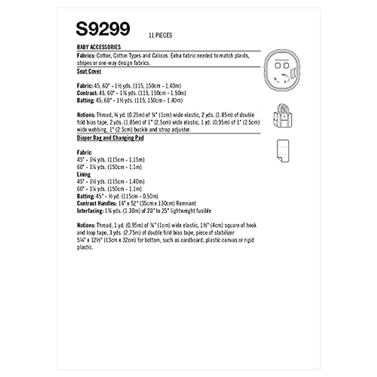 Simplicity Baby Changing Pad, Seat Cover, and Diaper Bag Packet, Code 9299 Sewing Pattern, One Size, White