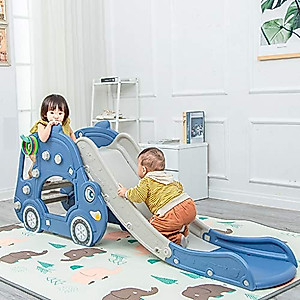 Children's Toys 4 in 1Slide for Kids, Toddler Playground Slipping Slide Climber, Extra Long Slide Slope with Basketball Hoop for Indoor Outdoor Backyard Use (Blue Car) (Blue, One Size)