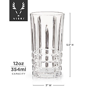 Viski Highland Highball Drinking Glasses Set of 4 - Premium Crystal Square Cut Tall Cocktail Glassware Gift Set, 12 oz