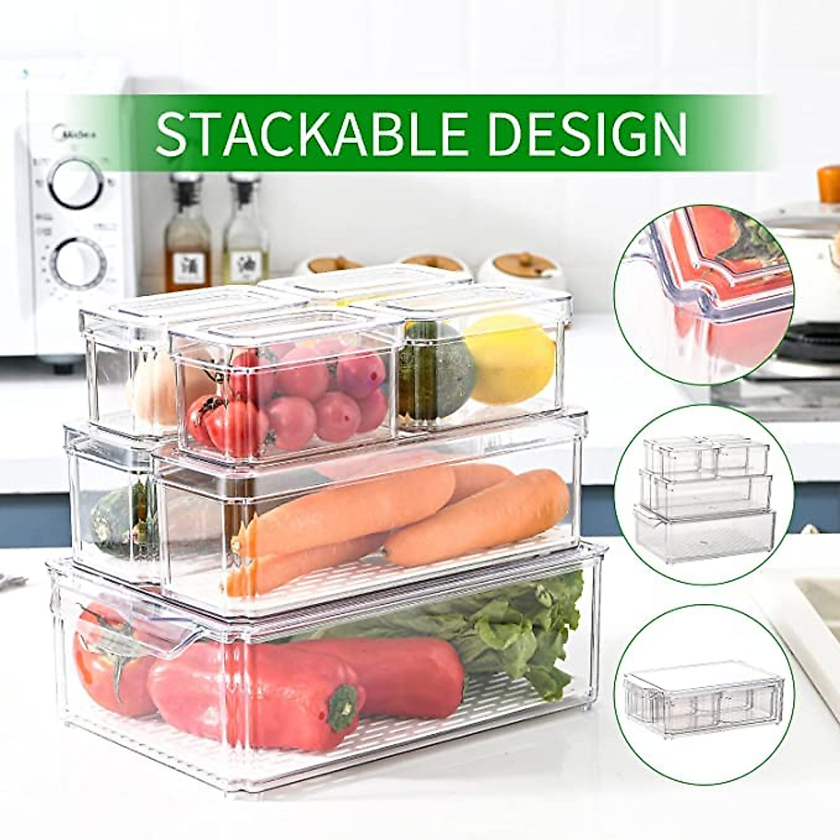 Ellennice 7 Pack Fridge Organizers-Stackable Refrigerator Organizer,Clear Plastic Storage Bins, BPA-Free Fridge Organizers and Storage Clear for Food, Drinks, Fruits, Vegetable Storage