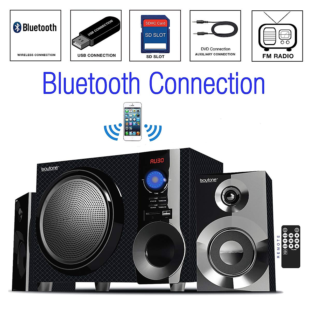 Boytone BT-210FD, Ultra Wireless Bluetooth Main unit, Powerful Sound with Powerful Bass System 30 watt, Excellent Quality Clear Sound & FM radio, with Remote Control Aux Port, SB/SD/ for Smartphone's , Tablets , Desktop Computers , Laptops ,Black Color