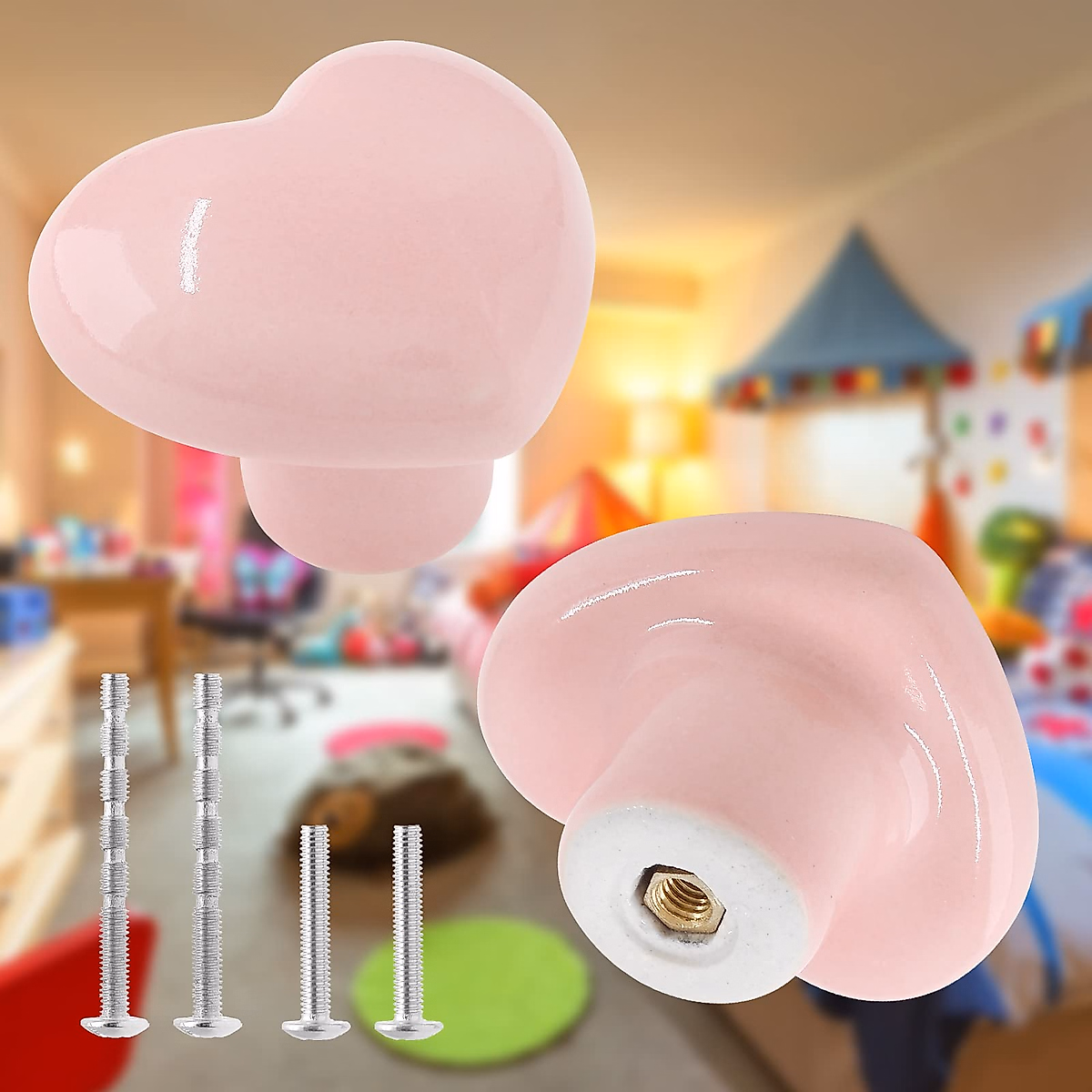 Qjaiune 2pcs Ceramic Cabinet Knobs Pink Drawer Knobs, Heart Shaped Dresser Knobs Cute Kitchen Cabinet Pull Handles, Small Vanity Knobs Hardware Closet Cupboard Knobs for Kids Girls Children's Bedroom