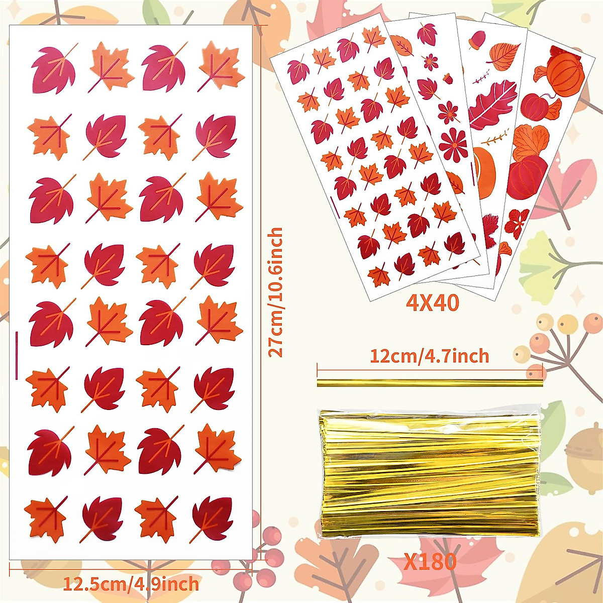 160 Pieces 4 Styles Fall Harvest Cellophane Treat Candy Bags with Twist Ties - Pumpkin and Leaf Designs Clear Goodie Bags for Kids, Thanksgiving Day Party Favors, and Autumn Snack Decorations