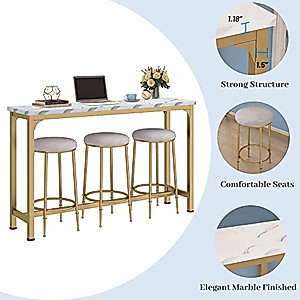 JOSMORE Gold Bar Table and Chairs Set, Marble Bar Table Set, Pub Height Table with Bar Stools, Modern Dining Table Sets for Kitchen and Living Room