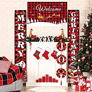 4 Pcs Christmas Holiday Door Banner with String Light Red Black Buffalo Plaid Outside Xmas Decorations Welcome Joy Merry Christmas Banner Lights Hanging Winter Porch Decorations Indoor Outdoor Party
