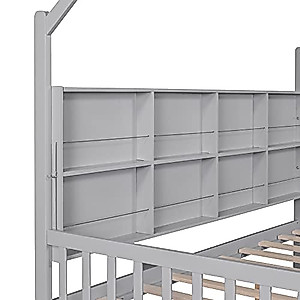 YOPTO Full Size House Bed with Trundle,Pine Wood Playhouse Bed Frame W/Storage Shelf,Front and Rear Guardrails,No Box Spring Needed,Easy Assembly,for Kids,Boys,Girls