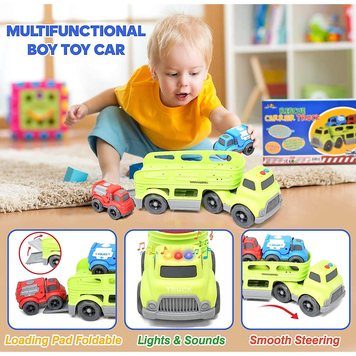 Number 1 In Service Car Toys for Boys Toddler 3 in 1 Carrier Transport Truck for Kids Vehicle Toy for Age 2 3 4 5 6 Year Old Boy, Truck & Cars with Lights & Sounds Police Car Fire Car Vehicle Playset