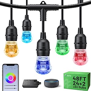 AcoFeu RGB Outdoor String Lights with WiFi, 48FT 24 LED Acrylic IP65 Waterproof Dimmable Bulbs, Color Changing/Timed String Lights for Garden, Backyard, Patio Cafe, Holiday Party Decor