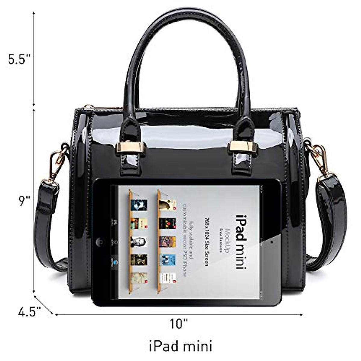 Shiny Patent Faux Leather Handbags Barrel Top Handle Purse Satchel Bag Shoulder Bag for Women(Black)