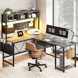 Itaar L Shaped Desk, 57.5 Inch Office Desk with Power Outlet and Keyboard Tray, Gaming Desk with Storage Shelves, Pegboard, and LED Lights for Home Office and Gaming, Gray