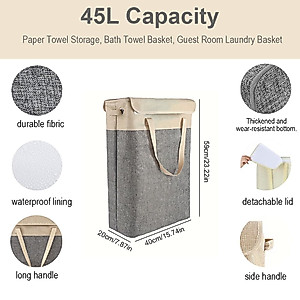 REWXXD Slim Laundry Hamper with Handles and Lid, Narrow Hamper with Lid, 45L, Beige and Silver, Collapsible Dirty Clothes Basket for Dorms, Apartments, Guest Rooms