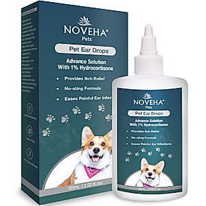 NOVEHA Pet Ear Drops with 1% Hydrocortisone | Ear Cleaner for Dogs & Cats for Earwax buildup, No-Sting Formula, Calms Itch & Reduces Painful Ear Infections 60mL (60ml (Pack of 1))