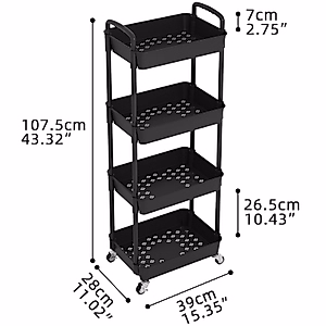JIUYOTREE 4-Tier Rolling Storage Cart Utility Cart with Lockable Wheels for Living Room Bathroom Kitchen Office Black