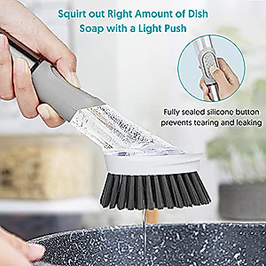 Soap Dispensing Dish Brush Set - FORSPEEDER Kitchen Brush with Stand 3 Brush Replacement Heads Stainless Steel Handle, Dish Wand Scrub Brush for Dishes Sink Pot Pan Cleaning
