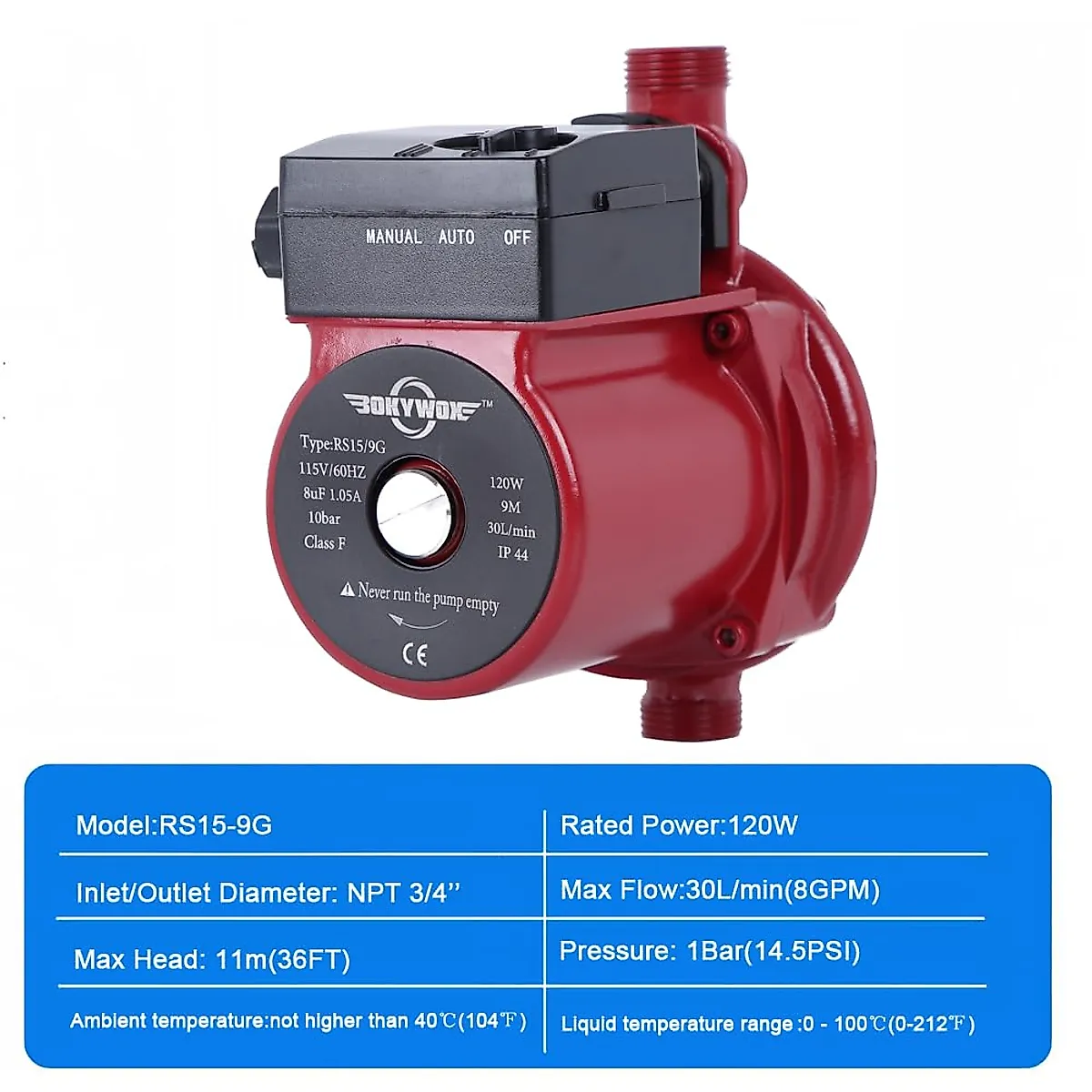 BOKYWOX Centrifugal Pump 120W 110V Food Grade Automatic Booster Pump NPT3/4'' Domestic Hot Water Circulator Pump 120W Home Recirculating Pump Hot Water Circulator Circulation Pump （RS15/9R）