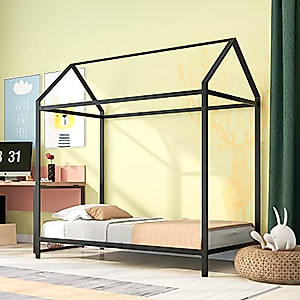 AOCOROE Twin Size House Bed Frame Floor Height Platform Bed for Boys and Girls. Metal Twin Bed House Shaped Canopy Bed Frame with Slats