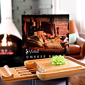 Vistal Cheese Board and Knife Set, Bamboo Charcuterie Board with Slide-Out Drawer and Stainless Steel Knives
