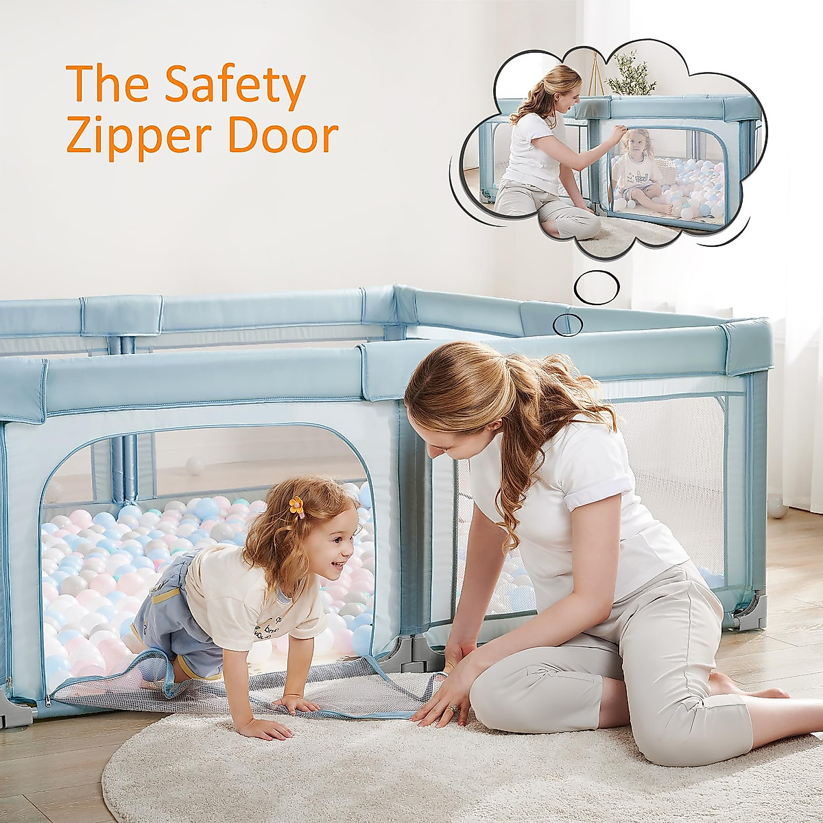 Baby Playpen,Foldable Playpen for Babies and Toddlers,Baby Play Pen with Zipper Door,Baby Play Yards Center,79"x59"Baby Fence(Light Blue)