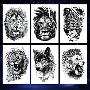 Oottati 12 Sheets Arm Waterproof Temporary Tattoo Stickers Black Fierce Tiger Lion Wolf for Men Women Teens