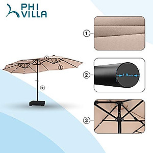 PHI VILLA 15ft Large Patio Umbrella with Solar Lights, Double-Sided Outdoor Market Rectangle Umbrellas with 36 LED Lights, Base (Stand) Included, Beige