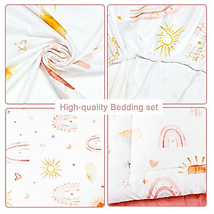 CARUILI Crib Bedding Set for Girls, 4-Piece Pink Baby Crib Bedding Set, Rainbow Crib Sets Includes Comforter, Fitted Crib Sheet, Crib Skirt, and Diaper Stacker