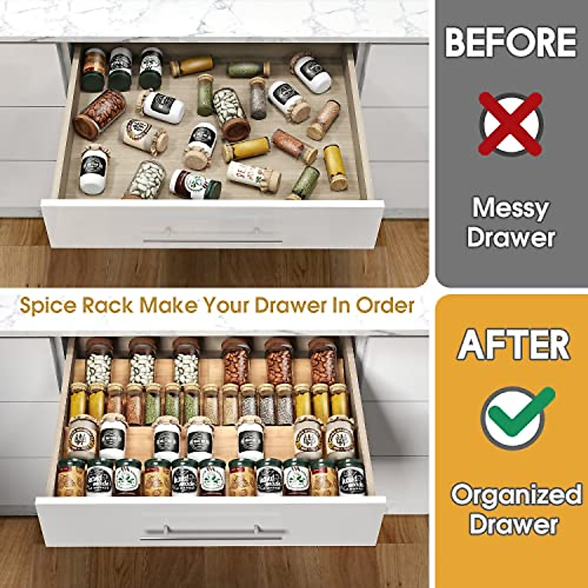 FZFHSJ Spice Rack, 4-Tier Large Capacity Insert Spice Organizer for Cabinet Kitchen Drawer Bamboo
