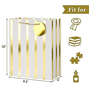Swedin 12 Pcs Gold Gift Bags Bulk, Medium Size Gift Bags with Handles, Trendy Gift Wrap Totes with Chevron, Stripe Pattern for Birthdays, Party Favors, Holidays, Christmas-10" x 8.3" x 4"