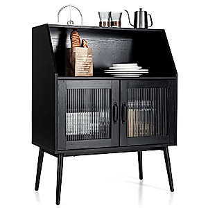PETSITE Sideboard Buffet Storage Cabinet, Kitchen Accent Console Table with Open Shelf & Tempered Glass Door for Dining Room Hallway, Black