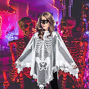 Qerhod Women's Skeleton Halloween Costume Skeleton Cape Poncho,Includes Masquerade Mask for Halloween(White)