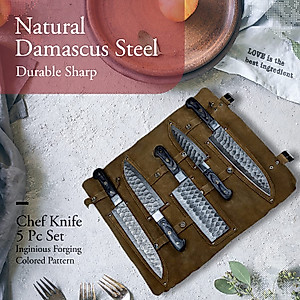 Morf Steelware Professional Damascus Kitchen Knife Set - 5 Piece Chef Knife Collection, Handmade with Steel and Leather Roll - Knife for Chefs and Home Cook