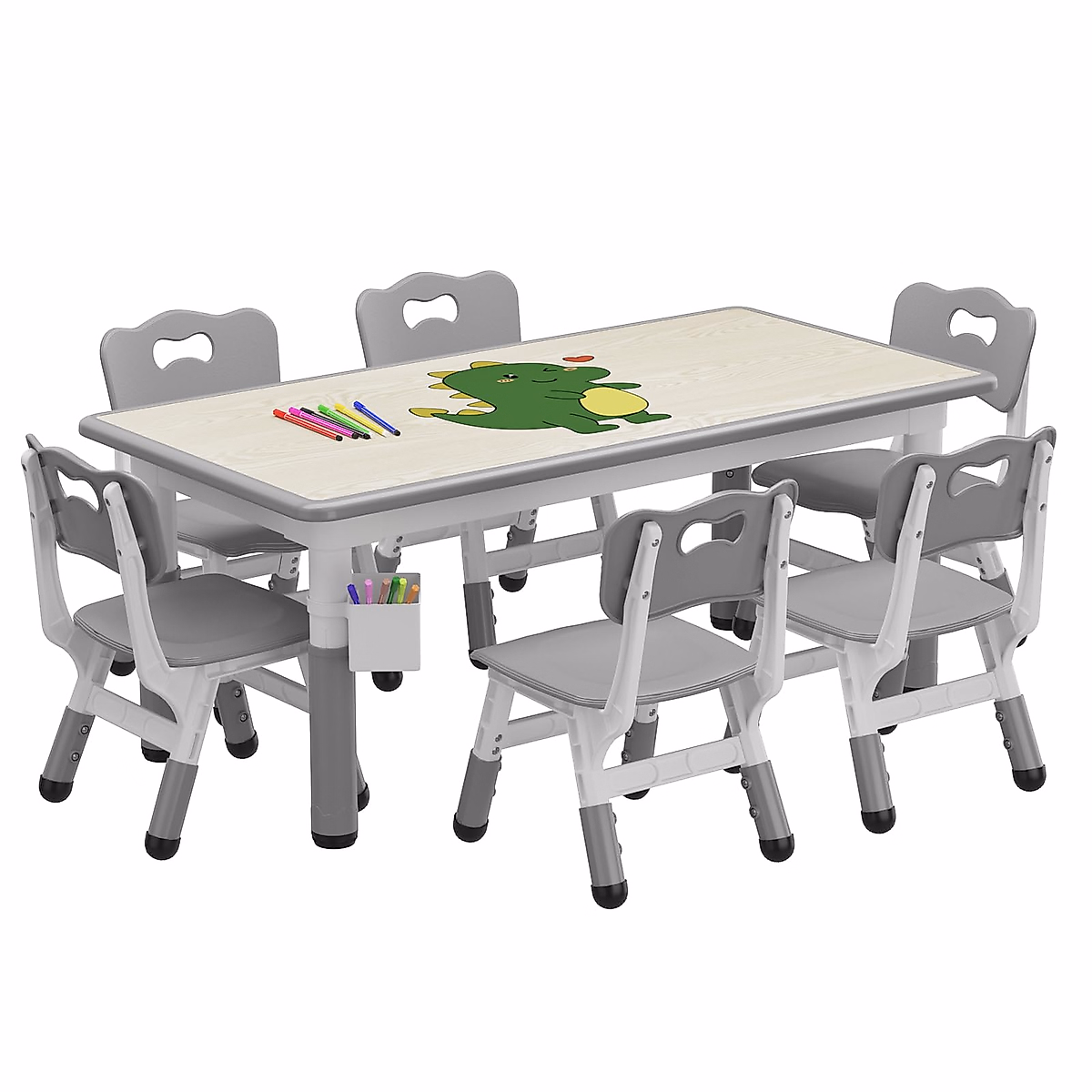 GAOMON Kids Table and 6 Chairs Set with Storage Box, Height Adjustable Toddler Table and Chair Set for Ages 2-10, Graffiti Desktop, Non-Slip Legs, Children Activity Table for Daycare Classroom Home