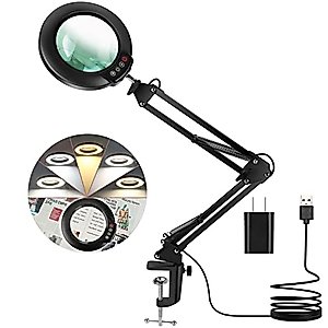 Veemagni 10X Magnifying Glass with Light, 5 Color Modes Stepless Dimmable, Adjustable Swing Arm LED Lighted Desk Lamp with Clamp, Hands Free Magnifier with Light and Stand for Craft Hobby Close Works