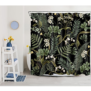 EOBTAIN Green Leaf Shower Curtain for Bathroom Vintage Floral and Fern Plant Leaves on Black Fabric Shower Curtain with 12 Hooks Boho Botanical Bathroom Curtains Shower Set 72x72 Inch