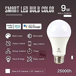 Ailofy LED Smart Light Bulbs, 16M Color Changing Dimmable, Works with Alexa & Google Assistant, RGBCW Colored Bulb, Bluetooth WiFi Light Bulbs, A19 E26, 9W 800LM, 1800K-6500K Tunable White, 2 Pack
