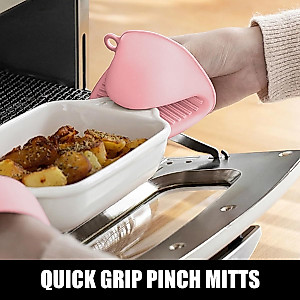 Rorecay Extra Long Oven Mitts and Pot Holders Sets: Heat Resistant Silicone Oven Mittens with Mini Oven Gloves and Hot Pads Potholders for Kitchen Baking Cooking, Quilted Liner, Pack of 6 (Pink)