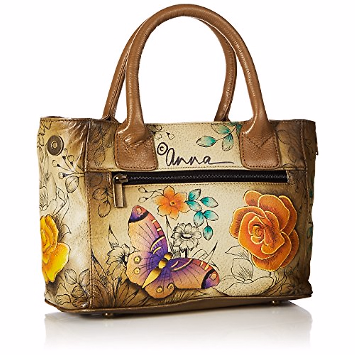 Anna by Anuschka Women’s Hand Painted Genuine Leather Small Convertible Tote - Floral Paradise Tan
