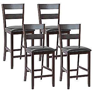 COSTWAY Set of 4 Bar Stools, 25” Counter Height Kitchen Dining Pub Chairs with Soft Padded Seat, PU Leather Cover & Rubber Wood Legs, Suitable for Dining Room, Restaurant & Cafe Store (4)