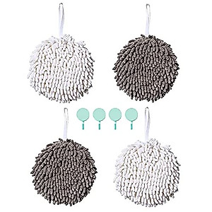 4 Pack Microfiber Ball Towels,Hand Towels with Hanging Loops Fluffy Chenille Hand Towels Bathroom Thick Absorbent Towel with Hooks