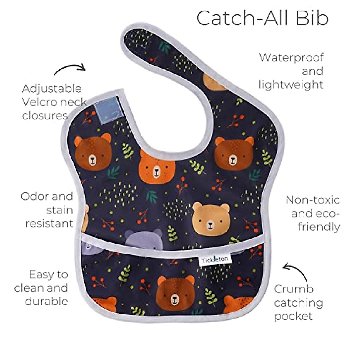 Tickleton Waterproof Baby Bib for Eating |6-24 Months Infant Boy & Girl Feeding Bibs with Pocket |Machine Washable |Odor and Stain Resistant |Lightweight |Cute Unisex Designs with Bright Colors