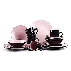 HomeVss Stoneware Two-Tone Colors Life 16pc Dinner Set，Outside Shiny Black + Inside Matte Glaze Rose