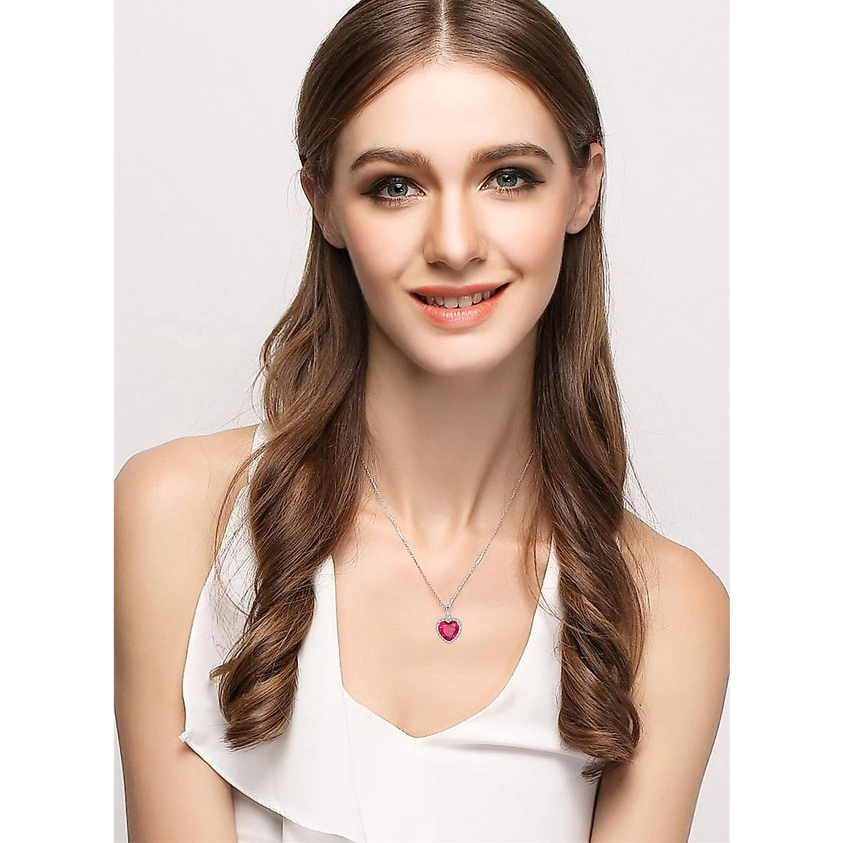 VONSSY Red Heart Pendant Necklace | Oval Bow Waterdrop Created-Ruby Pendant Necklace | Statement Vintage Stylish Jewelry Gift (Heart A-Platinum)