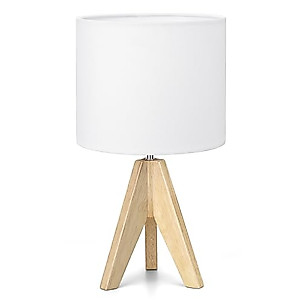 DEWENWILS Mid Century Bedside Lamp, Small Tripod Table Lamp with Linen Fabric Shade, Wood Nightstand Lamp for Nursery, Living Room, Bedroom, End Table, UL Listed, 14.2 Inch, ON/Off Switch