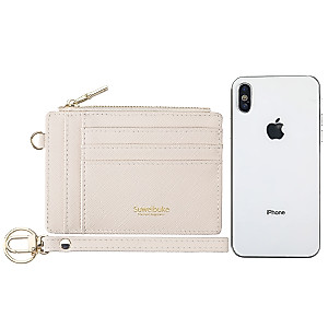 Wikavanli Women Slim Rfid Blocking Credit Card Case Holder Wristlet Zip ID Case Wallet Small Compact Leather Wallet Coin Purse with Keychain (Beige)