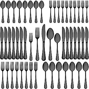 Wildone 60-Piece Black Silverware Set, Stainless Steel Flatware Cutlery Set Service for 12, Tableware Eating Utensils Include Knives/Forks/Spoons, Mirror Polished, Dishwasher Safe