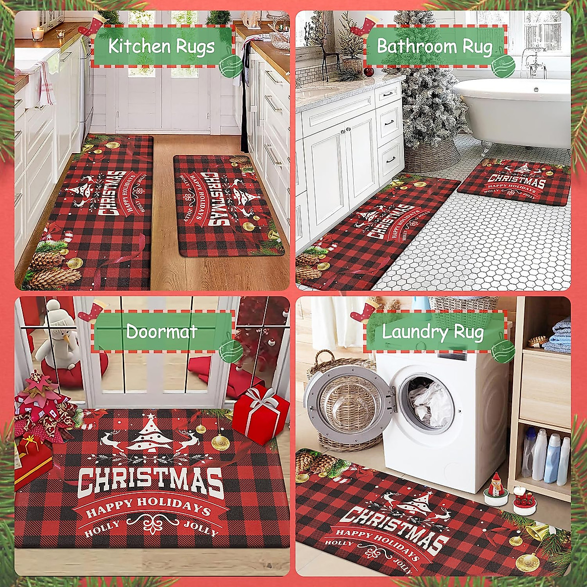 Cekene Anti Fatigue Kitchen Mat Set of 2 Christmas Memory Foam Thick Cushioned Rugs for Kitchen Non-Slip Standing Mat 17"×28" and 17"×47" Waterproof Wipeable