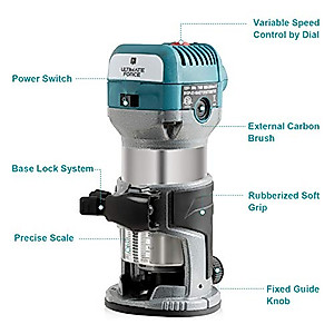 Goplus Wood Router with Fixed Base, 6.5-Amp 1.25 HP Compact Router with 1/4" & 3/8" Collets, Variable Speed Palm Router for Woodworking and Furniture Manufacturing